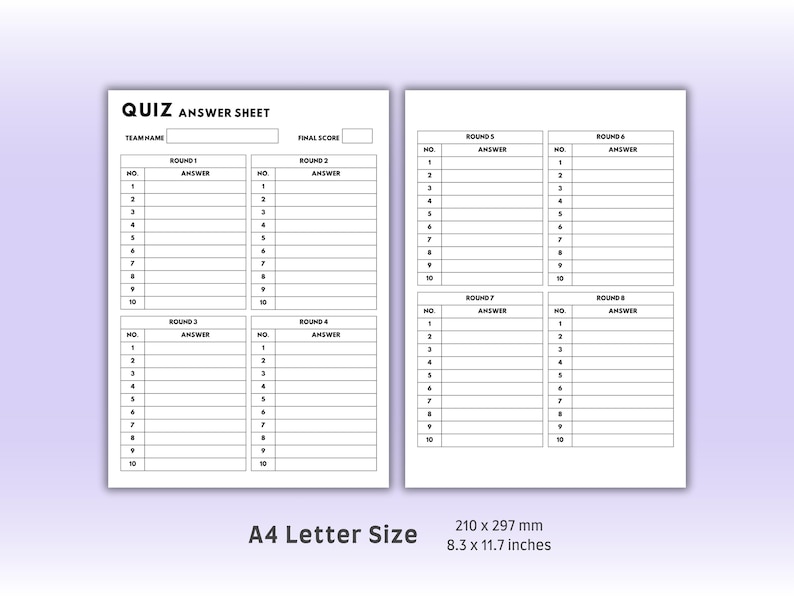 Trivia Quiz Answer Sheet | 8 Rounds 10 Questions With Team Name & Final ...
