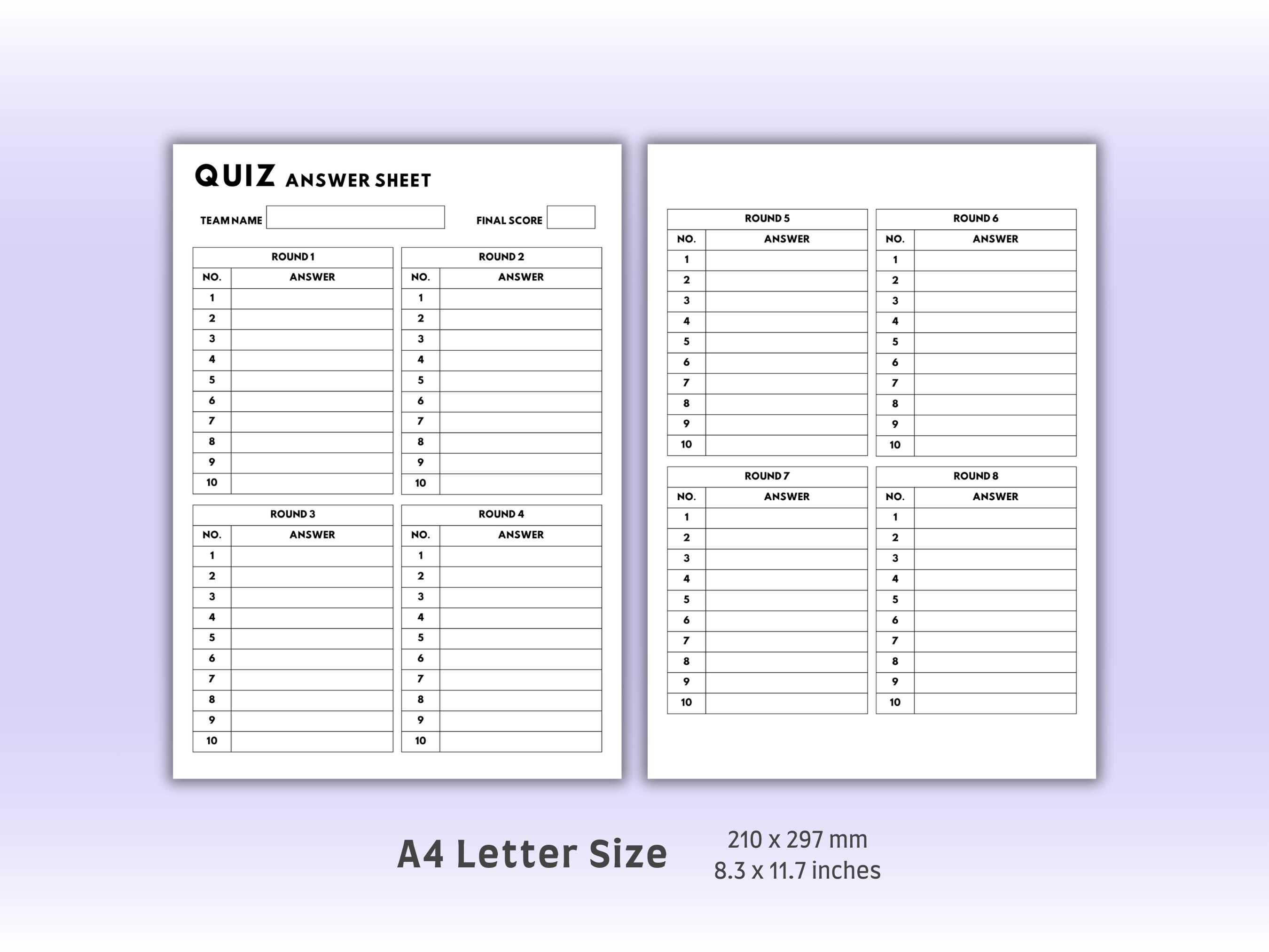 Trivia Quiz Answer Sheet | 8 Rounds 10 Questions With Team Name & Final ...
