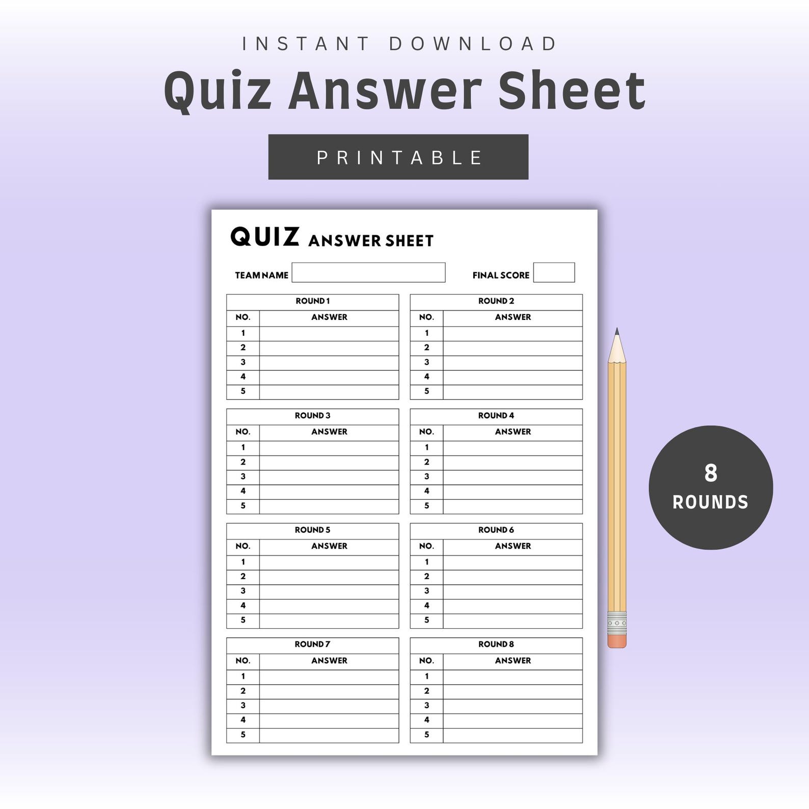 Quiz Answer Sheet Trivia Answer Sheet Printable Answer Sheet for 8 ...