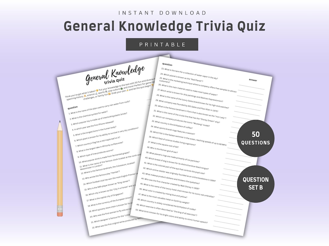 General Knowledge Trivia Quiz | Fun Printable Game | 50 Questions ...