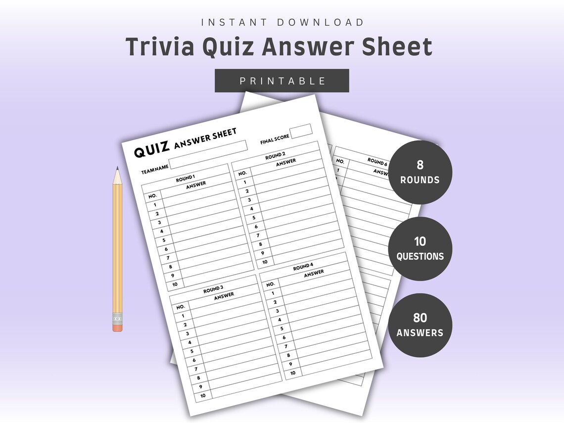 Trivia Quiz Answer Sheet | 8 Rounds 10 Questions With Team Name & Final ...