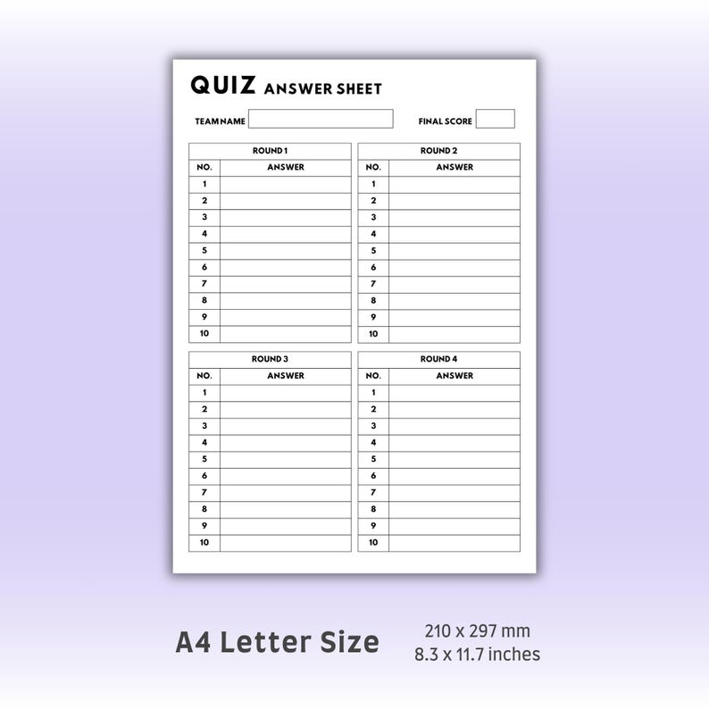 Quiz Answer Sheet Trivia Answer Sheet Printable Answer Sheet for 4 ...