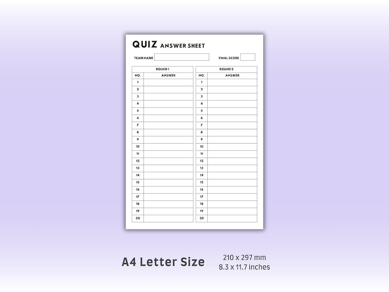 Trivia Quiz Answer Sheet | 2 Rounds 20 Questions With Team Name & Final ...