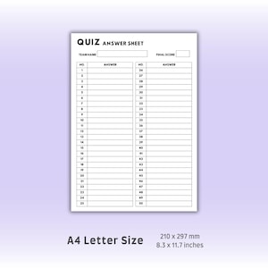Trivia Quiz Answer Sheet | 1 Round of 50 Questions With Team Name ...