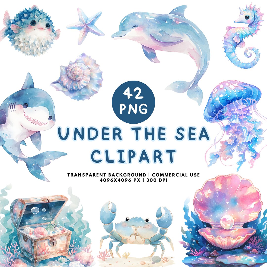 42 Under the Sea Watercolor Clipart, Watercolor Clipart, Cute Animal ...