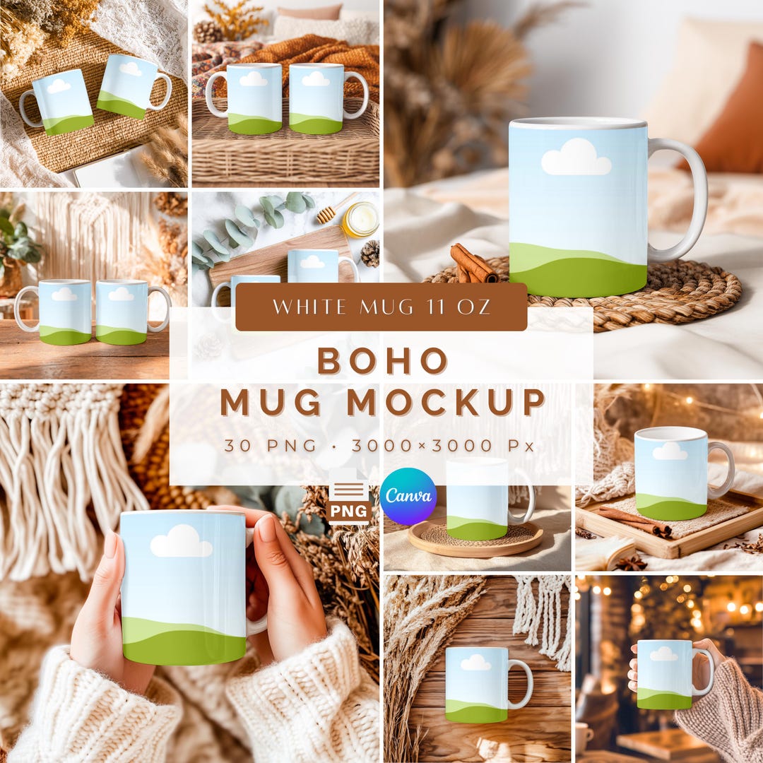 Boho Mug Mockup Bundle: 30 PNG & Canva Templates (3000x3000px), White ...