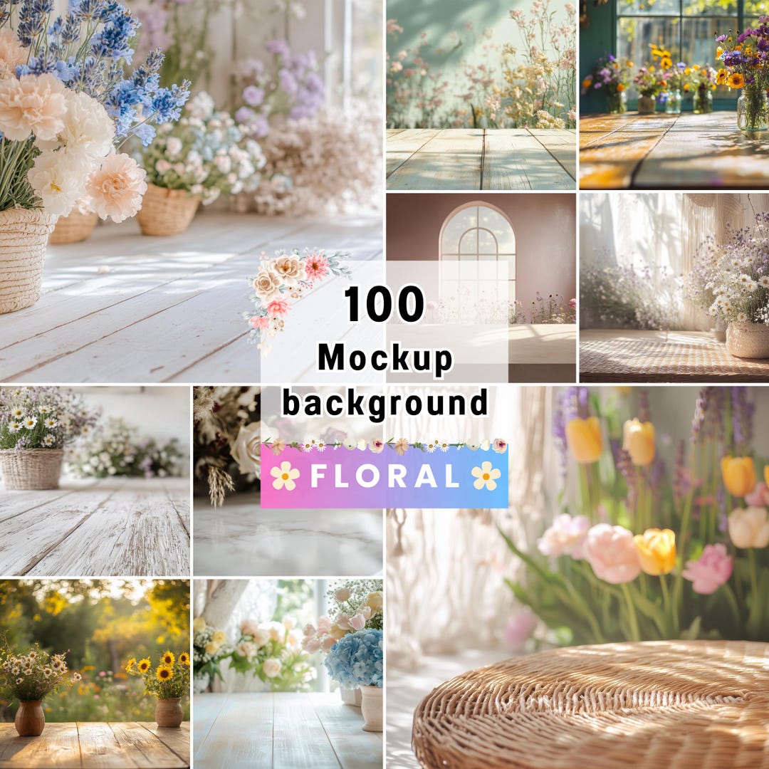 100 Floral Mockup Backgrounds: Product Display Backdrops (PNG Digital ...