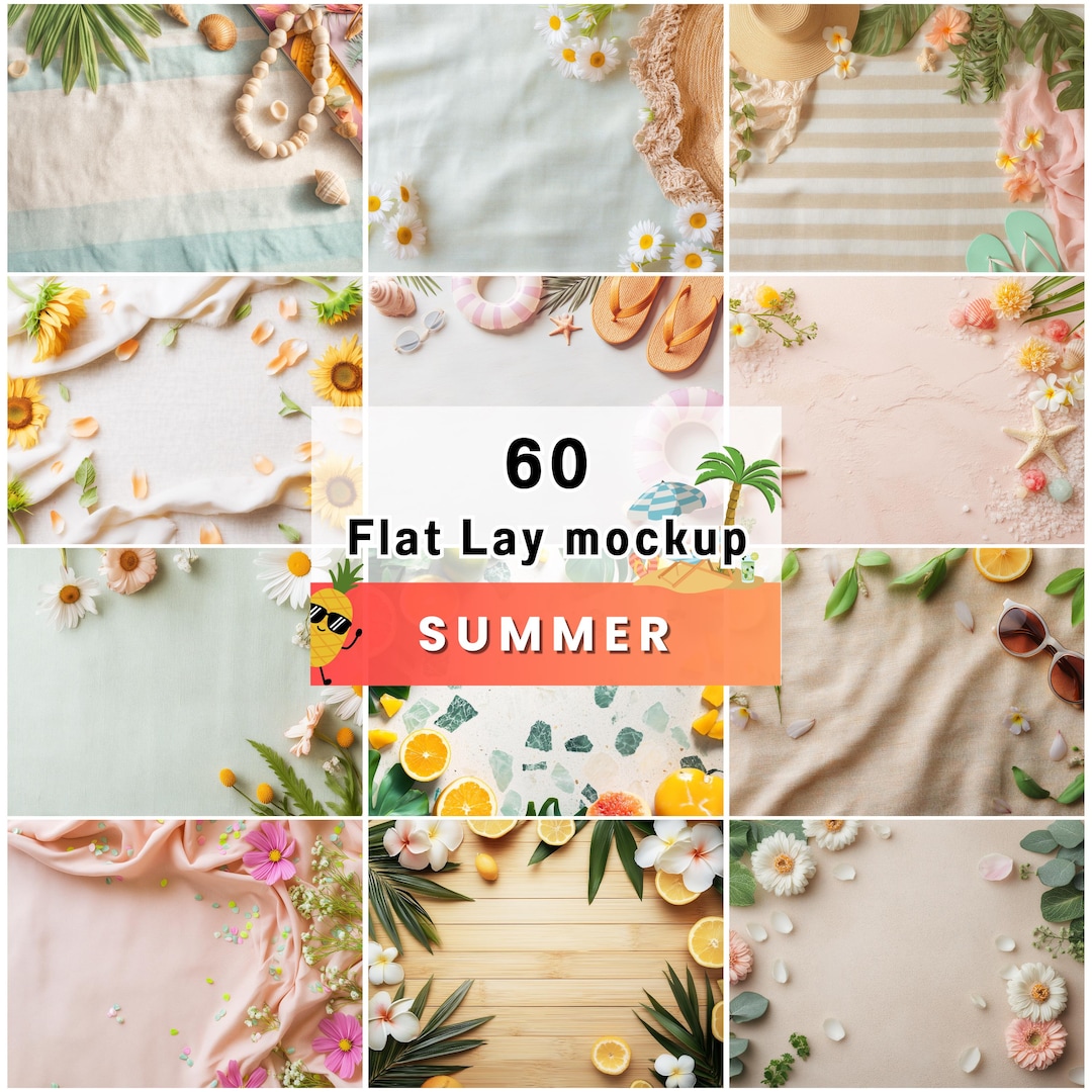 60 Summer Flat Lay Mockup Backgrounds: Floral & Beach (PNG Digital ...