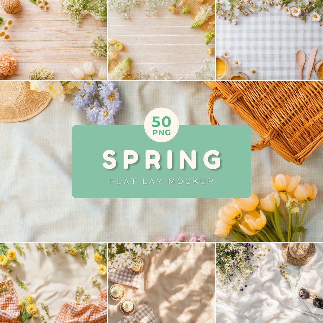 Spring Floral Flat Lay Mockup - 50PNG, Spring Background, Product ...