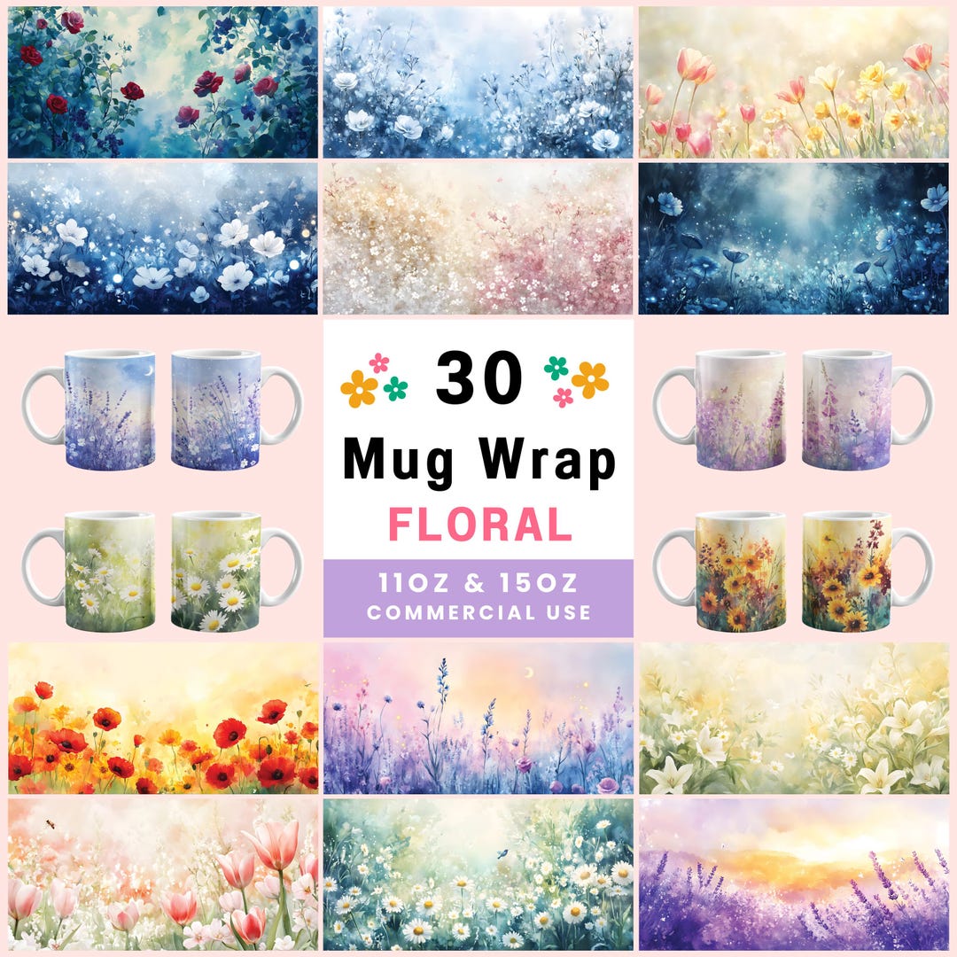 30 Floral Mug Wraps, Flower Mug Wraps, Mug Sublimation Wraps, PNG ...