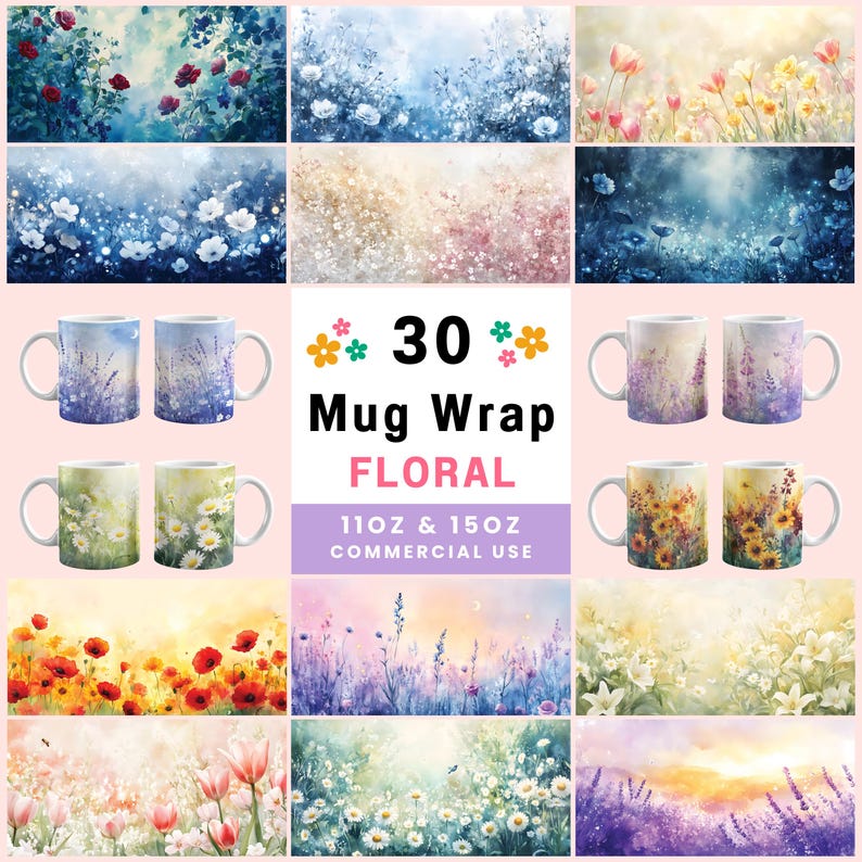 30 Floral Mug Wraps: Watercolor PNG Designs (11oz & 15oz) (digital ...