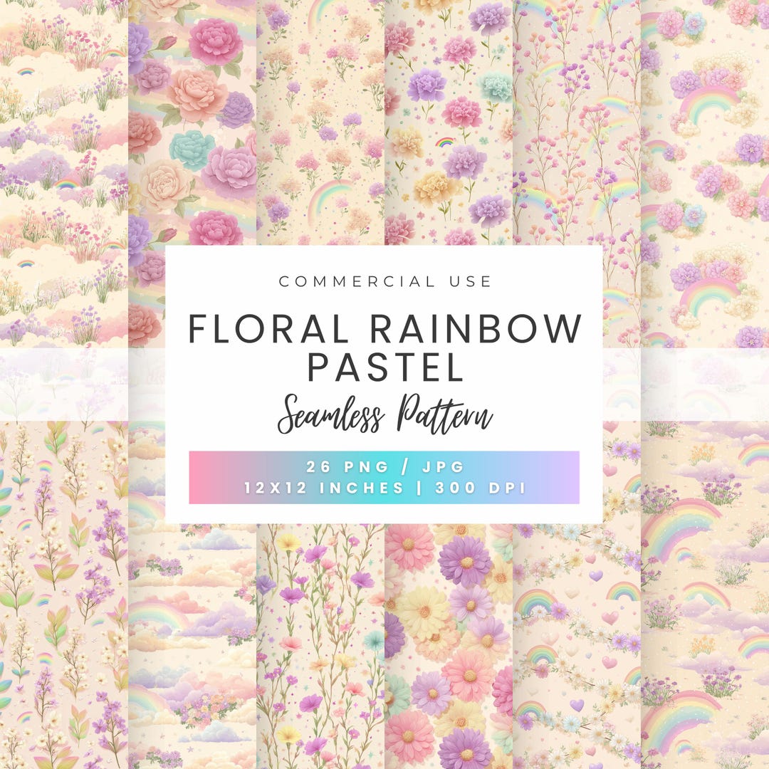 Floral Rainbow Pastel Seamless Patterns: Digital Paper Bundle (JPG ...