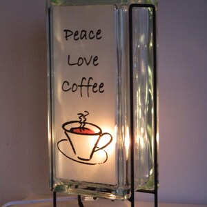 Peace Love Coffee Glass Block Light, Upcycled Glass Block Retro Kitchen ...