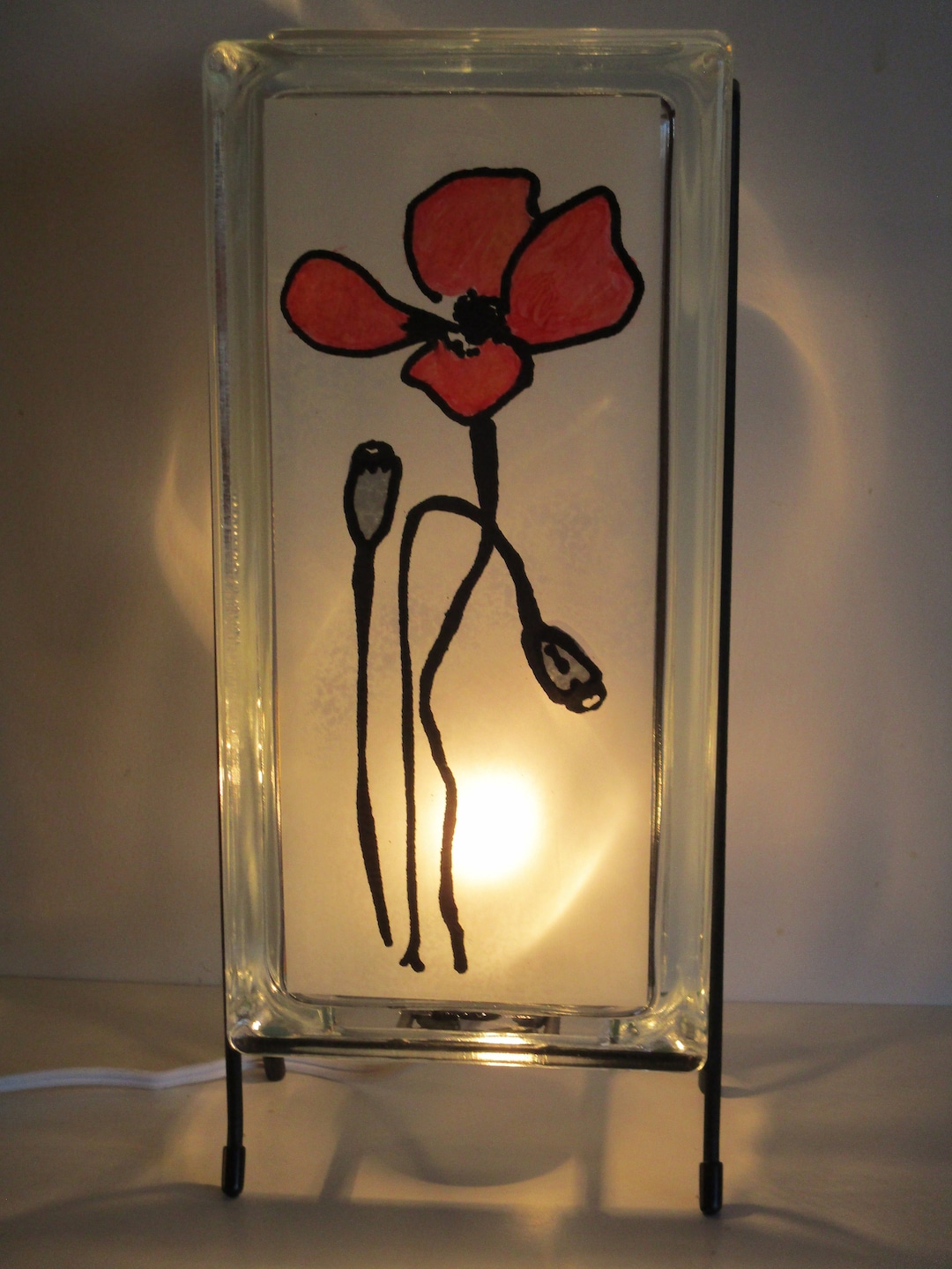 Red Poppy Lamp, Lighted Glass Block Poppy, Flower Art, Upcycled Retro ...