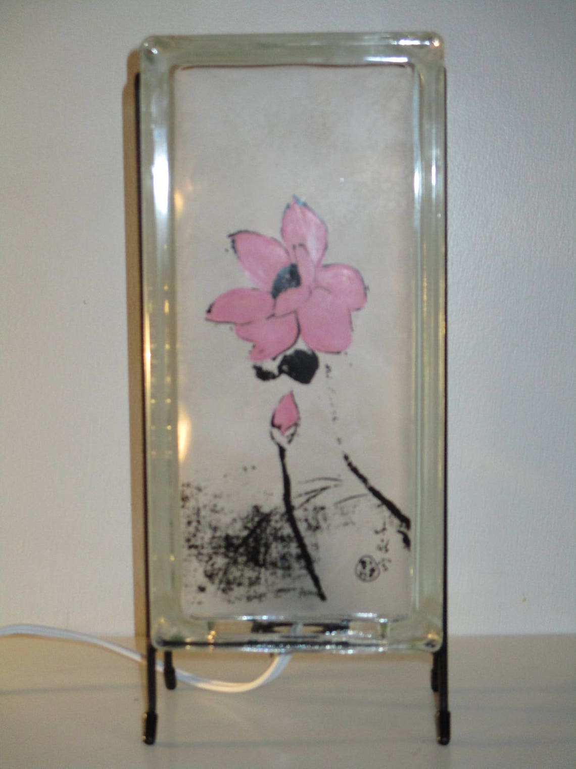 Lotus Lighted Glass Block, Zen Decor, Tropical Decor, Upcycled Retro ...