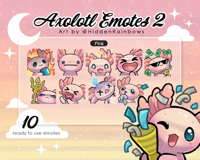 Pink Axolotl Twitch Emotes SET 2 / Emote Set, Streaming, Youtube ...