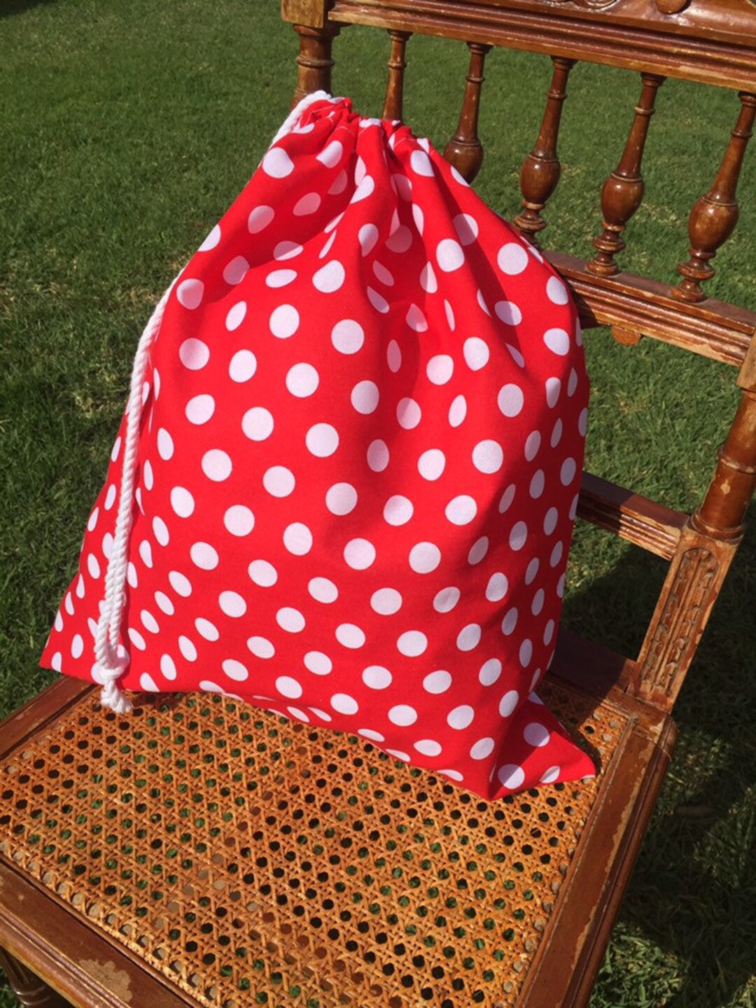 Extra Large Red and White Polka Dot Cotton Drawstring Bag, Spotty ...