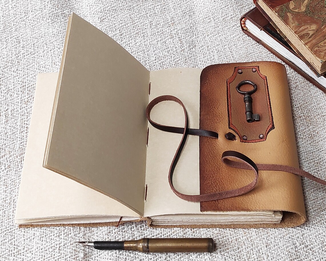 Leather Journal, Beige Leather Diary, Vintage Style Cover With Old Key ...