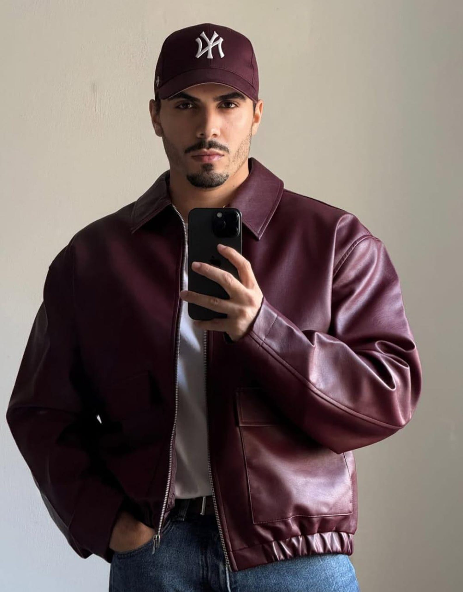 Men's Real Lambskin Leather Bomber Jacket – Burgundy Red Leather Jacket With Vintage Design ...