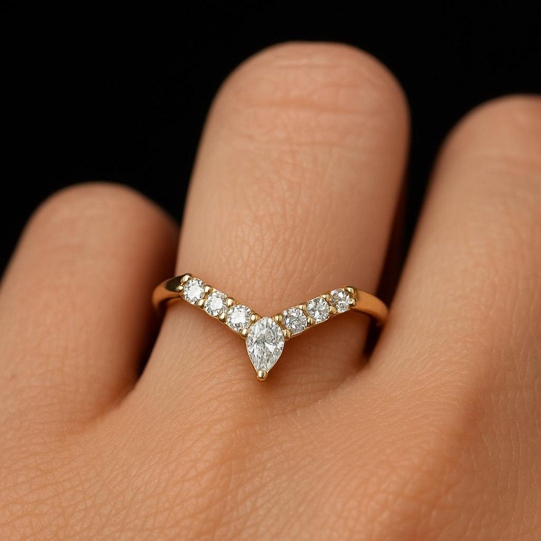 Chevron Moissanite Wedding Band Pear Cut Nesting Ring in Sterling ...