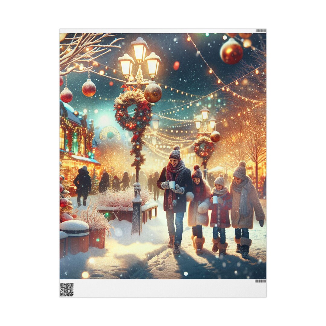 Outdoor Christmas Scene Wrapping Paper Hot Chocolate, Snowy Lights ...