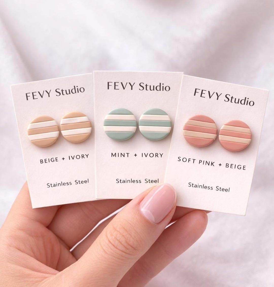 Set of 3 - Matte Polymer Clay Stud Earrings – Neutral Trio, Minimalist ...