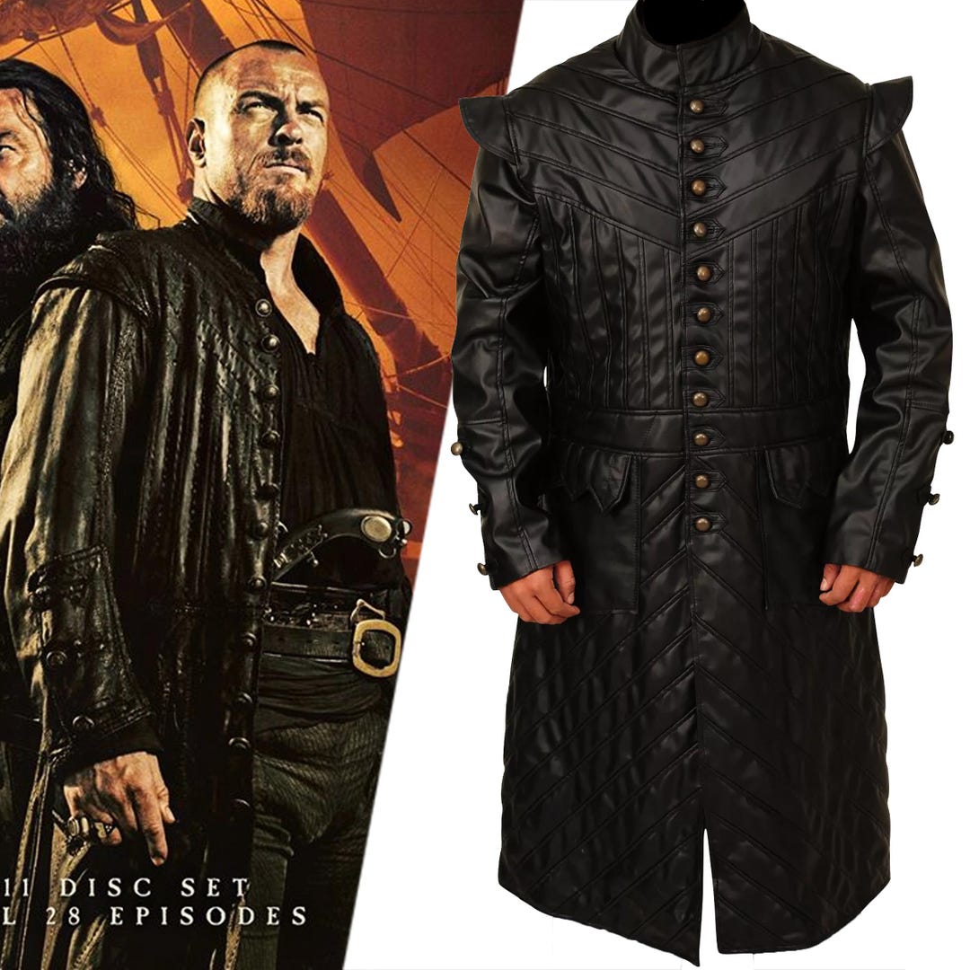 Black Sails Captain Flint Leather Trench Coat Handmade Pirate Cosplay ...