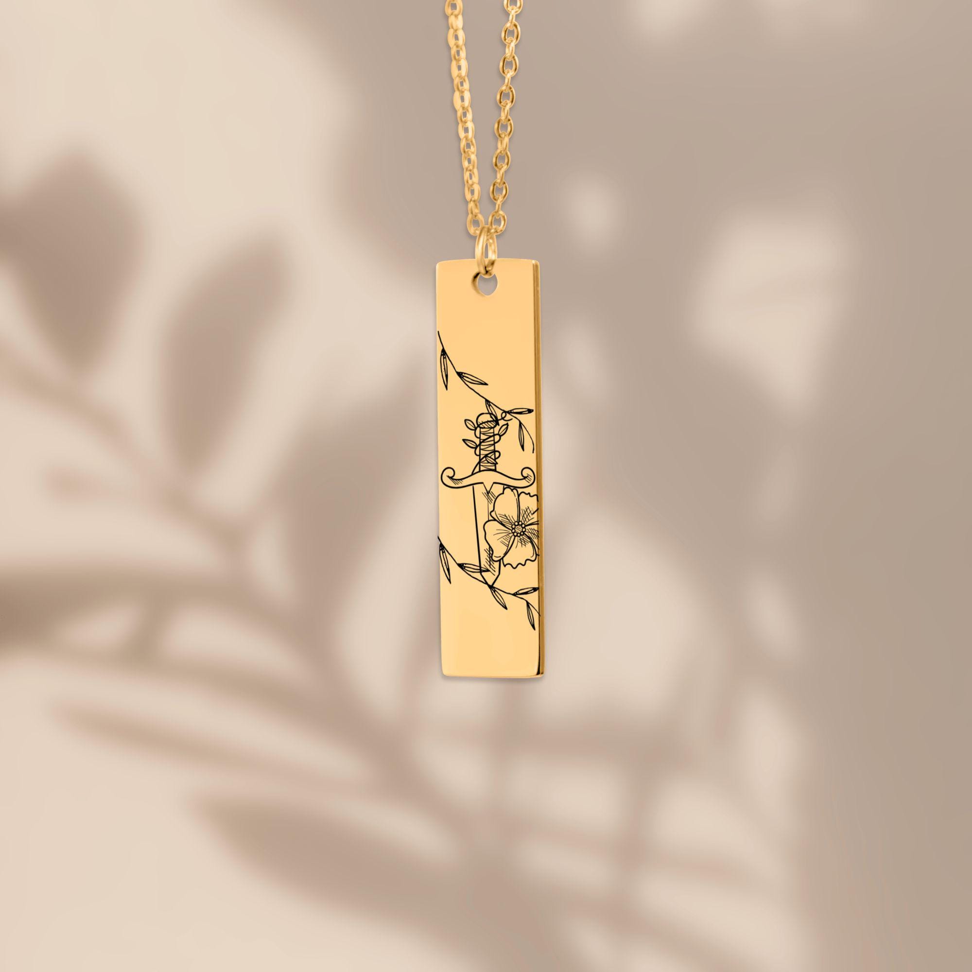 Powerless Book Series Necklace – Dagger & Vine Engraved Vertical Bar ...