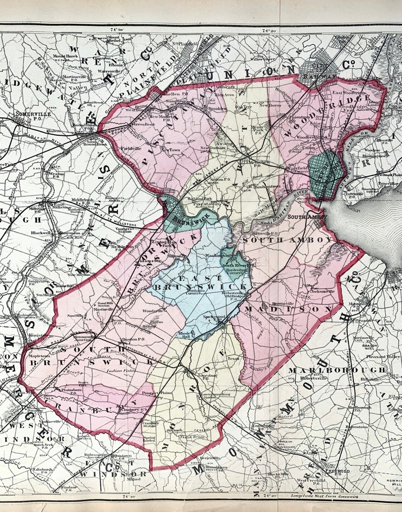 Middlesex County Map, Original 1877 New Jersey Atlas, New Brunswick ...