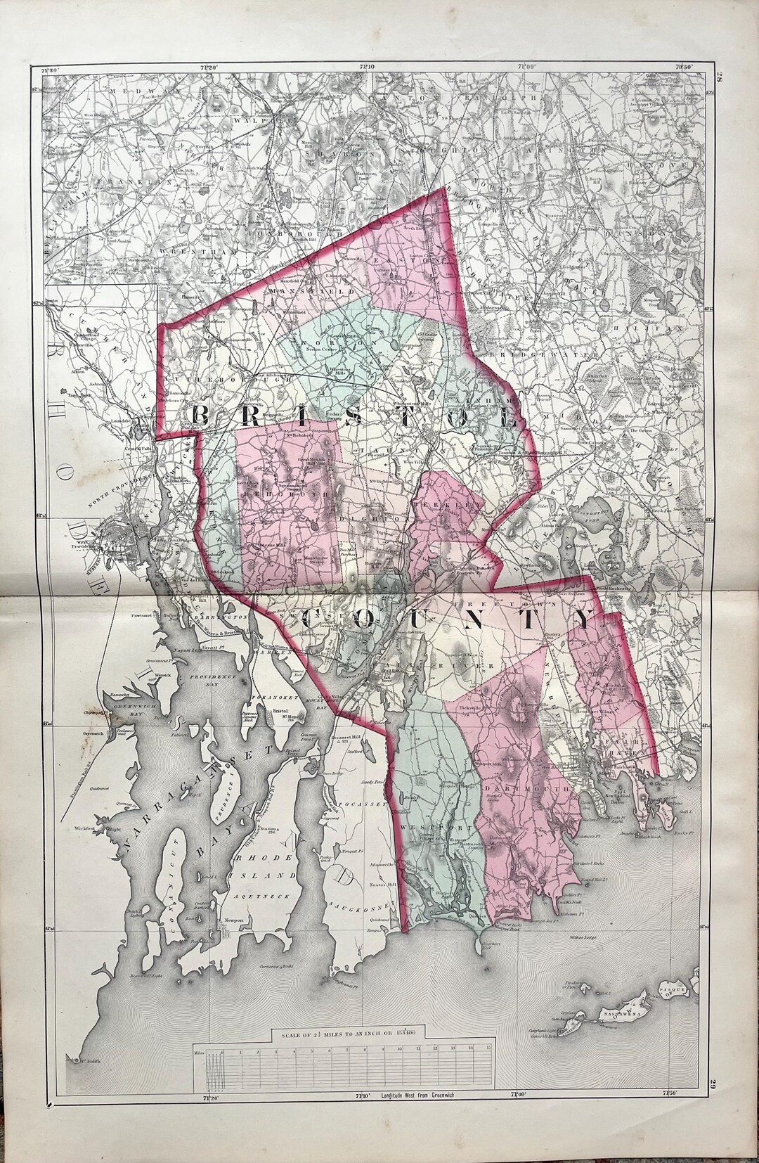 Bristol County Map, Original 1871 Massachusetts Atlas, New Bedford ...