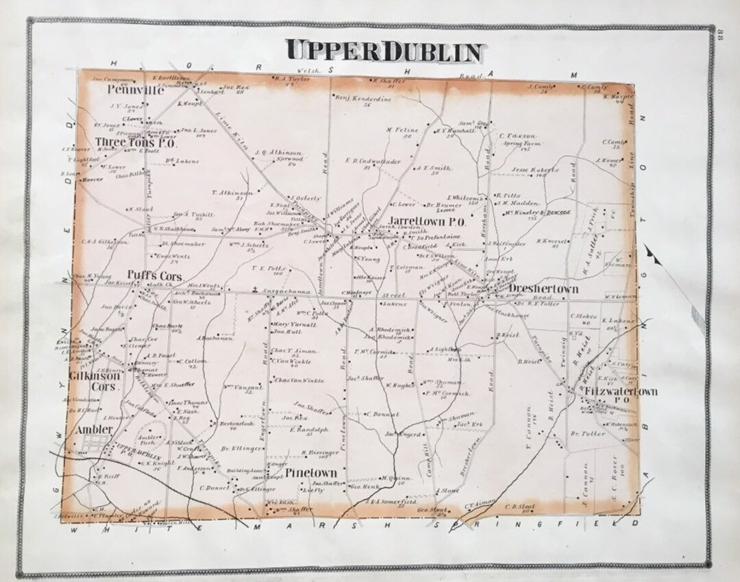 Upper Dublin Township Map, Original 1877 Hand Colored, Montgomery ...