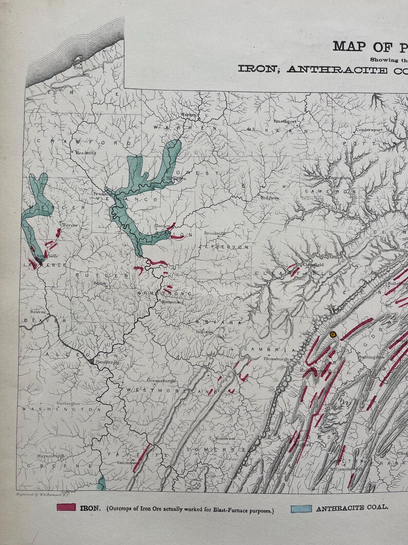 Map of Pennsylvania, Original 1872 Atlas, Coal Map, Iron, Petroleum ...