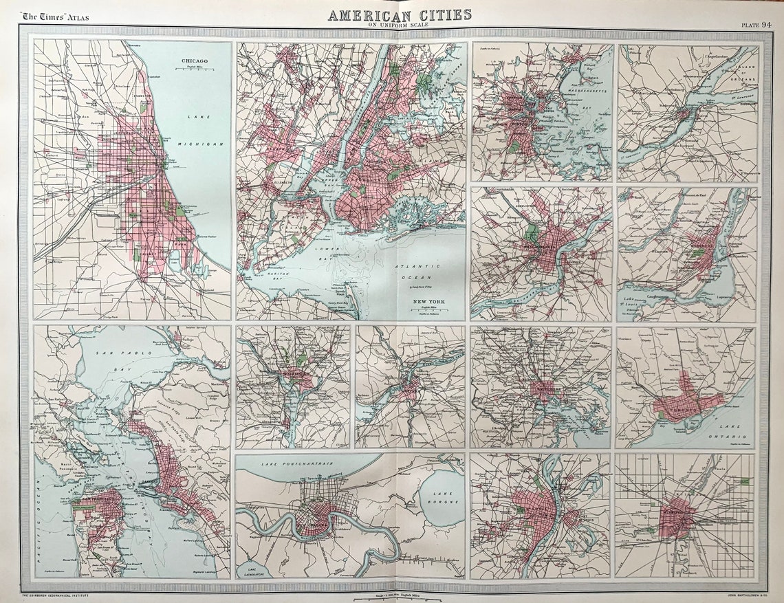 American Cities Map, Original 1922 Times Atlas, New York, Chicago, San ...