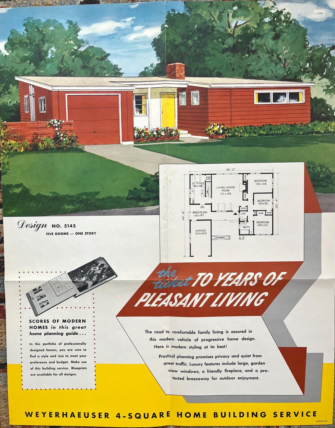 Vintage House Plan Poster, Original 1950s Weyerhaeuser Mid Century ...