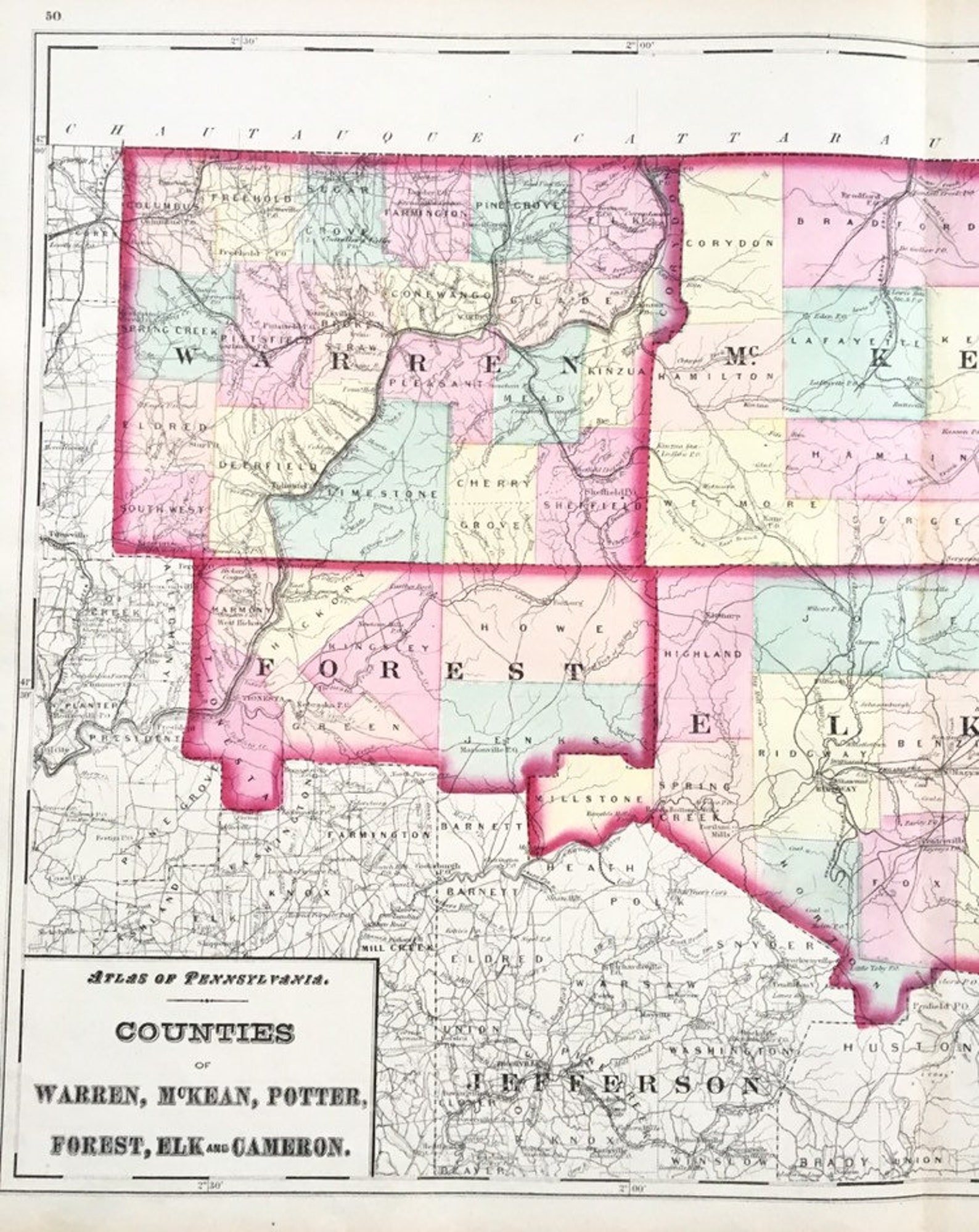 Warren County Map, Original 1873 Pennsylvania Atlas, Mckean, Potter ...