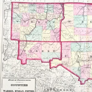 Warren County Map, Original 1873 Pennsylvania Atlas, Mckean, Potter ...