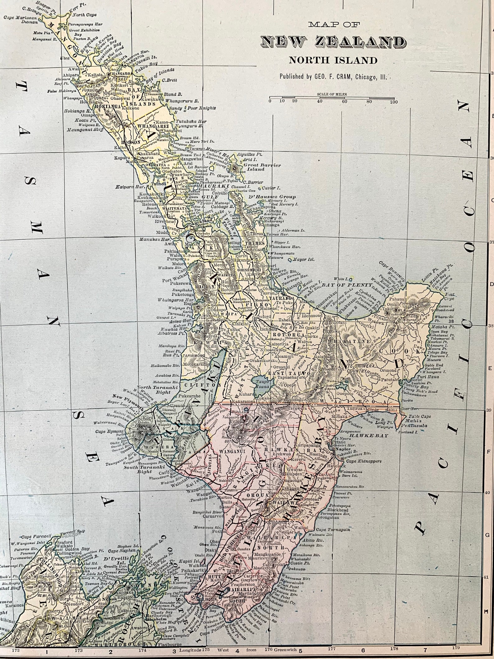 Antique New Zealand Map, Original 1901 Crams Atlas, Tasmania, Van ...