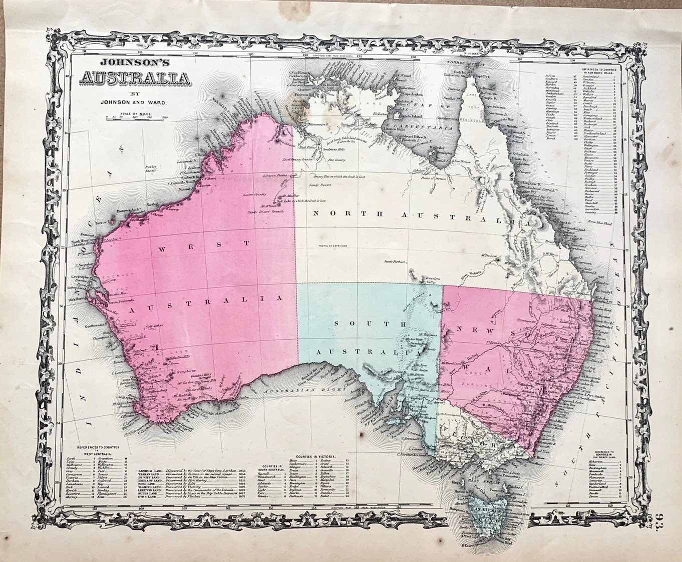 Australia map, Original 1863 Hand colored map, Johson and Ward Map ...