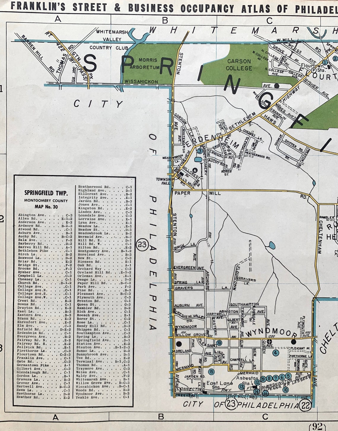 Flourtown Map, Original 1946 Franklin Survey Map, Springfield, Morris ...