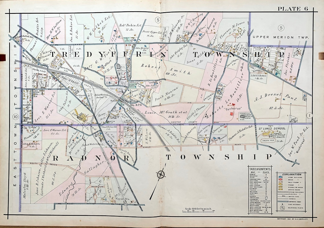 Wayne Pennsylvania Map, Original 1912 Pennsylvania Main Line Railroad ...