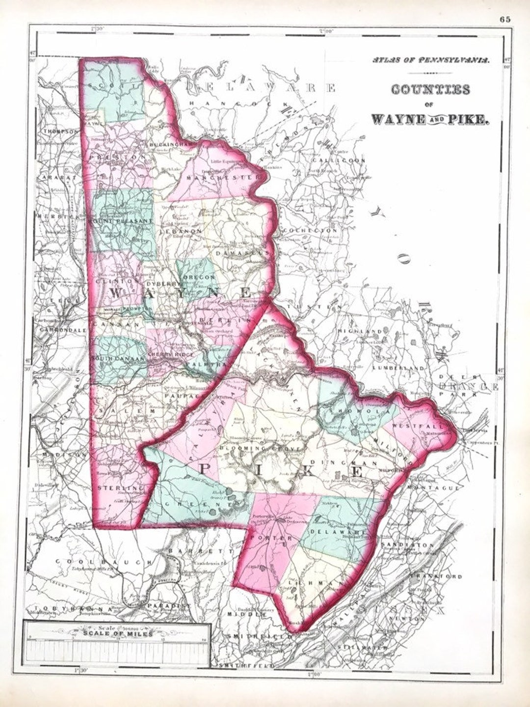 Wayne And Pike County Map Original 1872 Atlas Of Pennsylvania Antique Hand Colored Framable