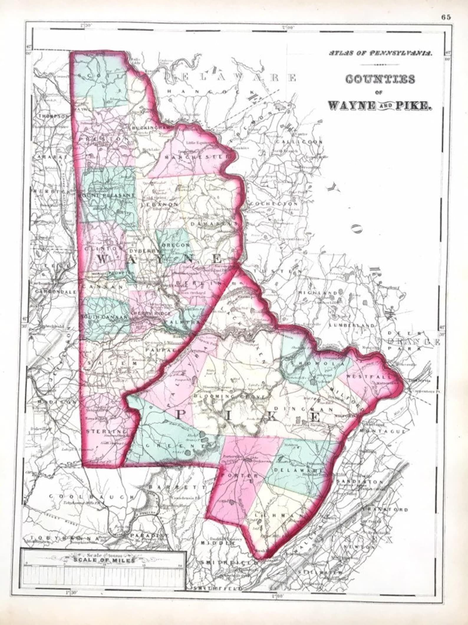Wayne and Pike County Map, Original 1872 Atlas of Pennsylvania, Antique ...