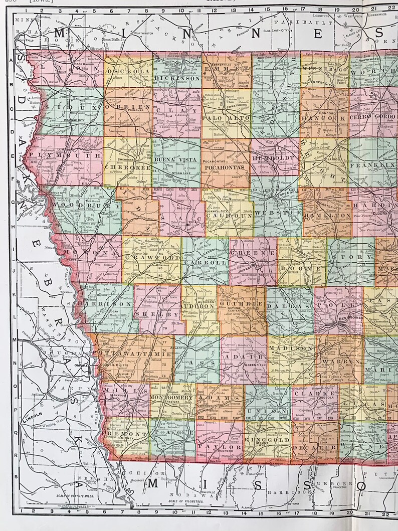 Iowa Map, Original 1897 Rand Mcnally Atlas, the Hawkeye State, Des ...
