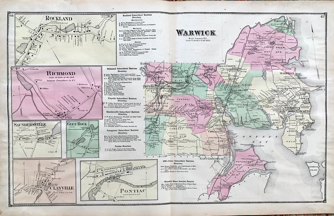 Warwick Rhode Island Map Original 1870 Rhode Island Atlas - Etsy