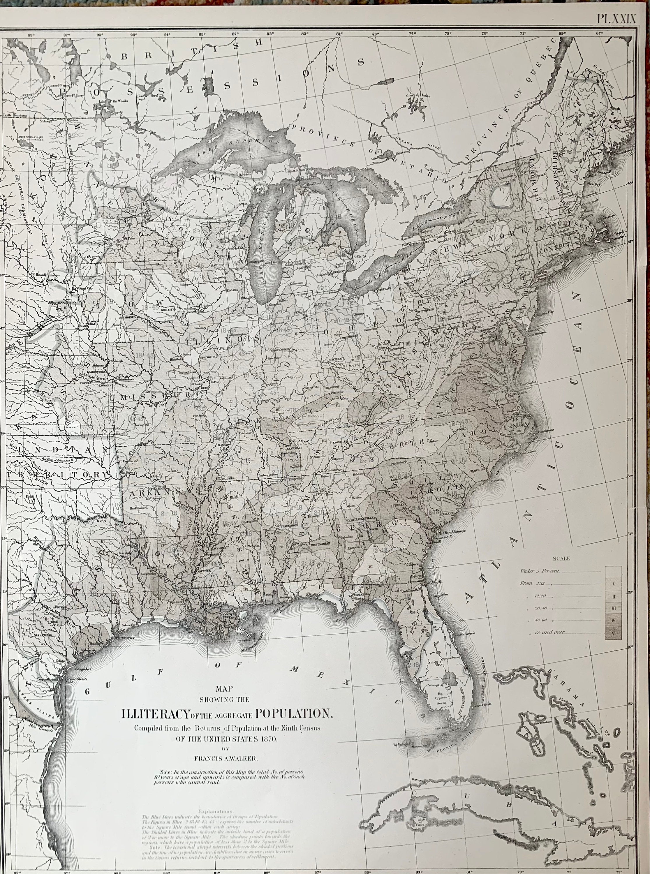 Illiteracy Map Original 1874 Census Chart United States - Etsy