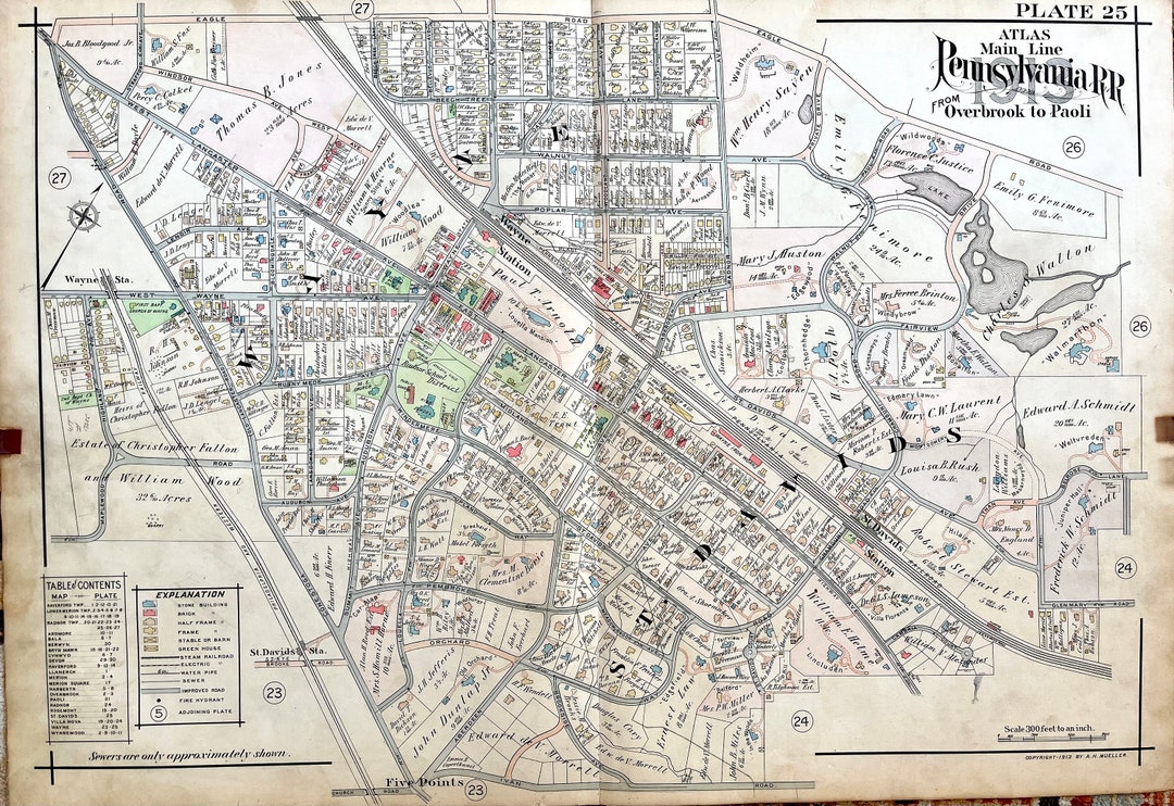 Wayne Map, Original 1913 Main Line Atlas, Saint Davids, Mainline ...