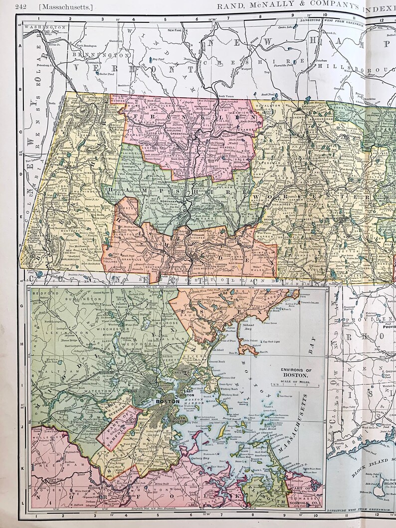 Massachusetts Map, Original 1890 Rand Mcnally Atlas, Boston, Cape Cod ...