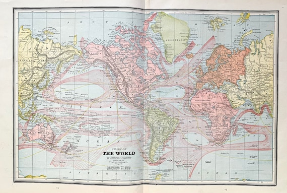 Map of the World Original 1902 Crams Atlas Mercators - Etsy