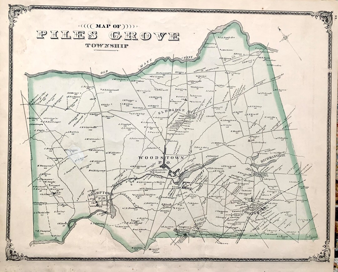 Piles Grove Township Map, Original 1876 Salem County Atlas, Woodstown ...