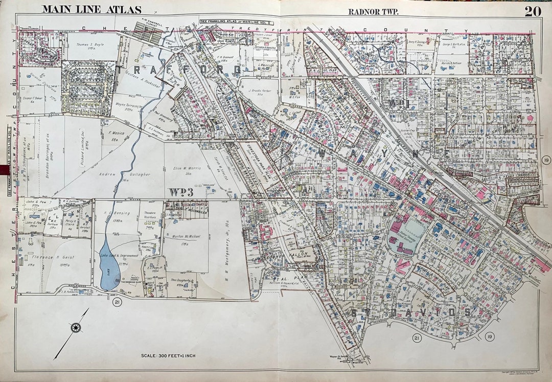 1947 Wayne Map, Original Main Line Pennsylvania Railroad Atlas Map ...